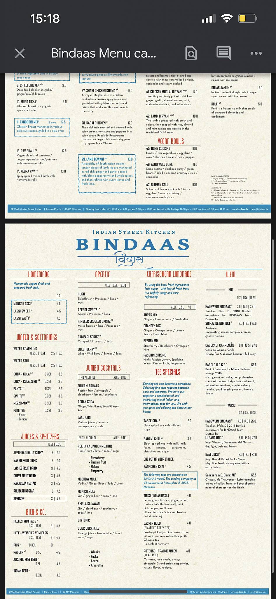 Speisekarte von Bindaas restaurant, München