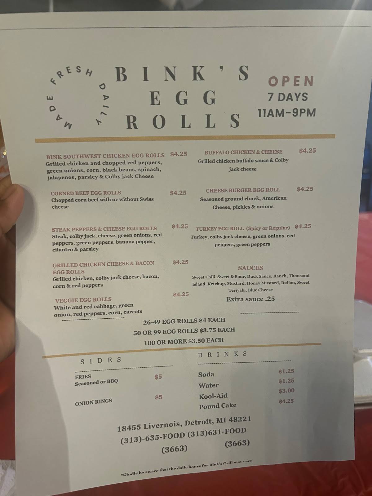Menu at Bink's Grill restaurant, Detroit