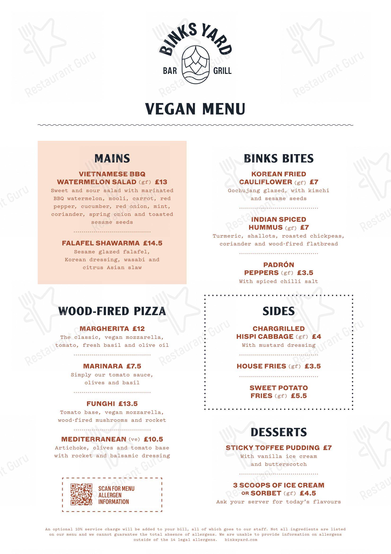 Menu at Binks Yard restaurant, Nottingham
