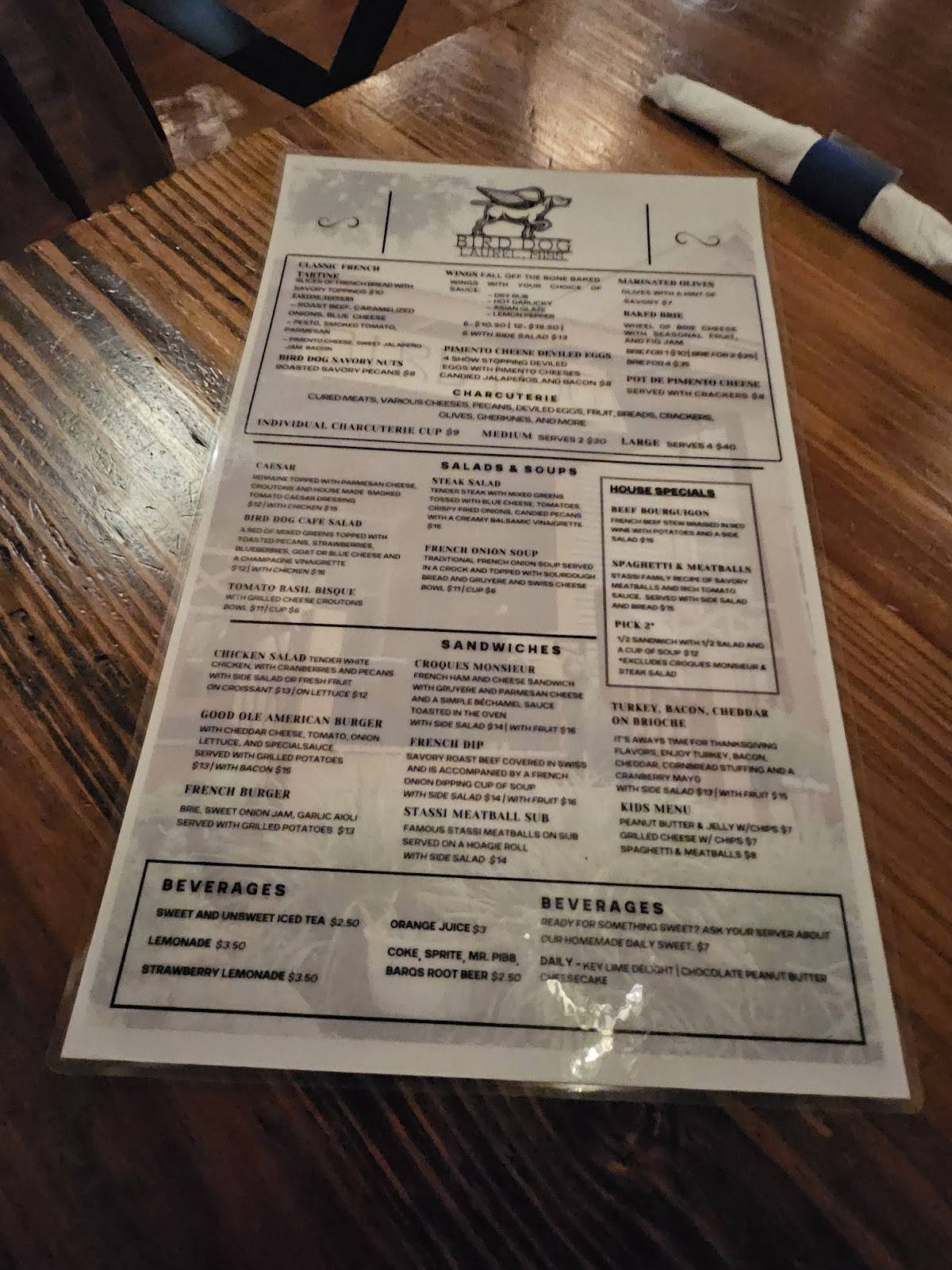 Menu at Bird Dog Cafe, Laurel