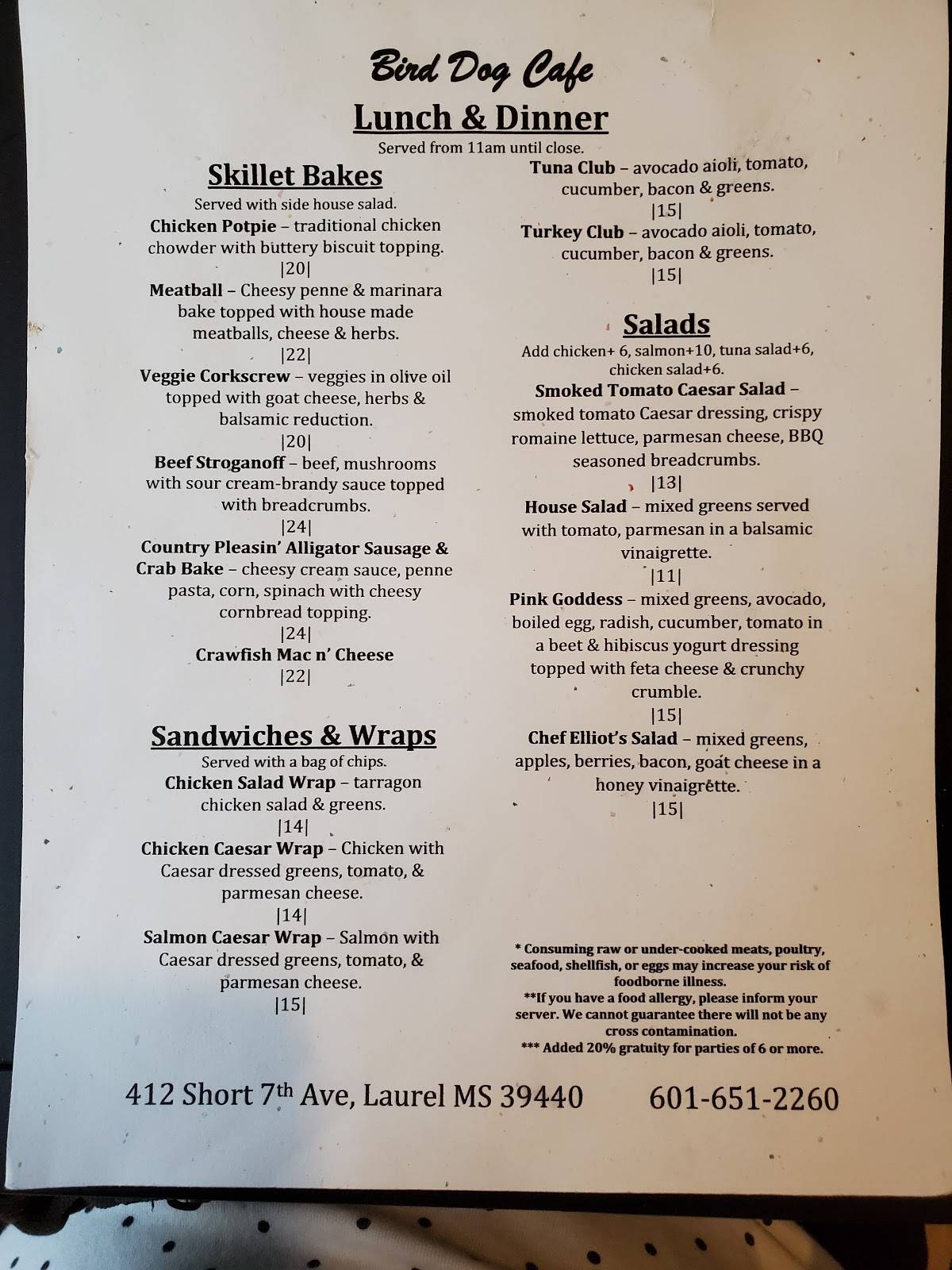 Menu at Bird Dog Cafe, Laurel