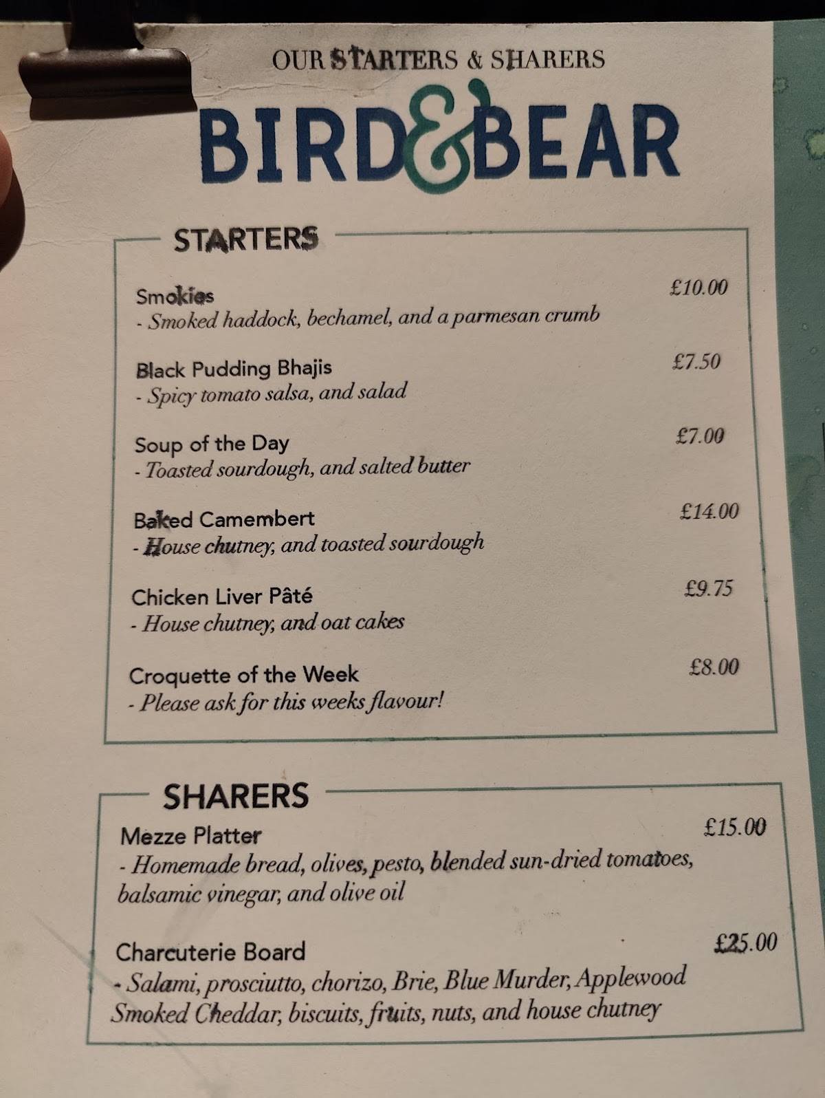 Menu at Bird & Bear pub & bar, Dundee