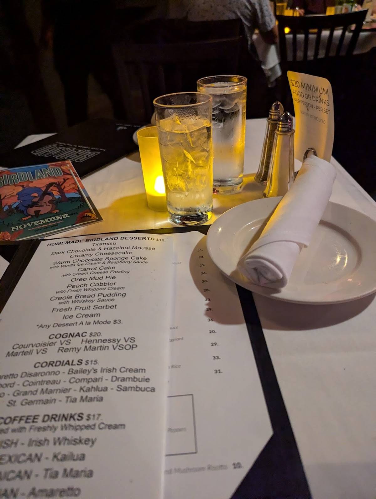 Menu at Birdland Jazz Club, West New York