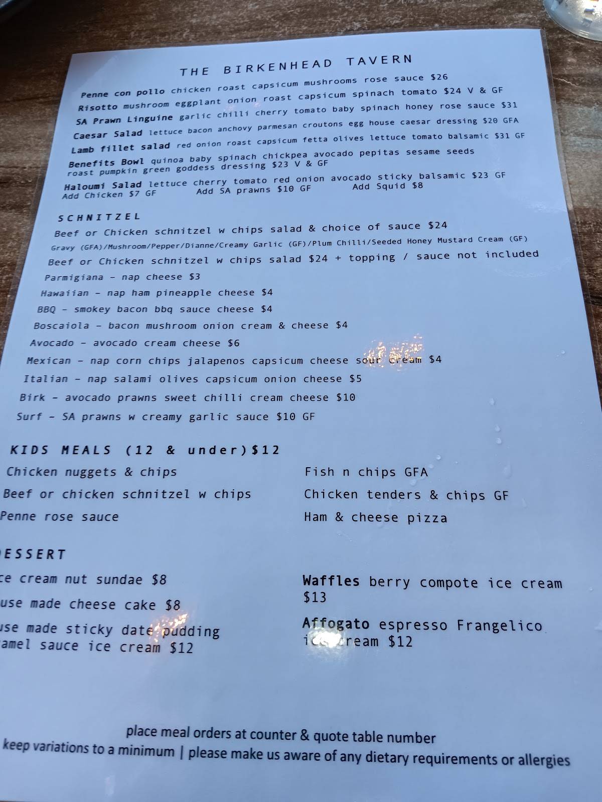 Menu at The Birkenhead Tavern restaurant, Birkenhead, 3/7 Riverview St