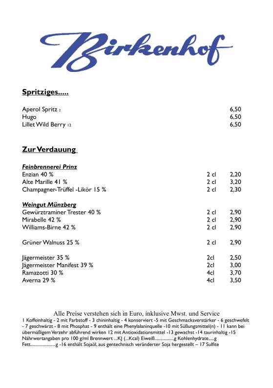 Carta de Birkenhof Family Lodge Restaurant & Biergarten, Rieschweiler ...