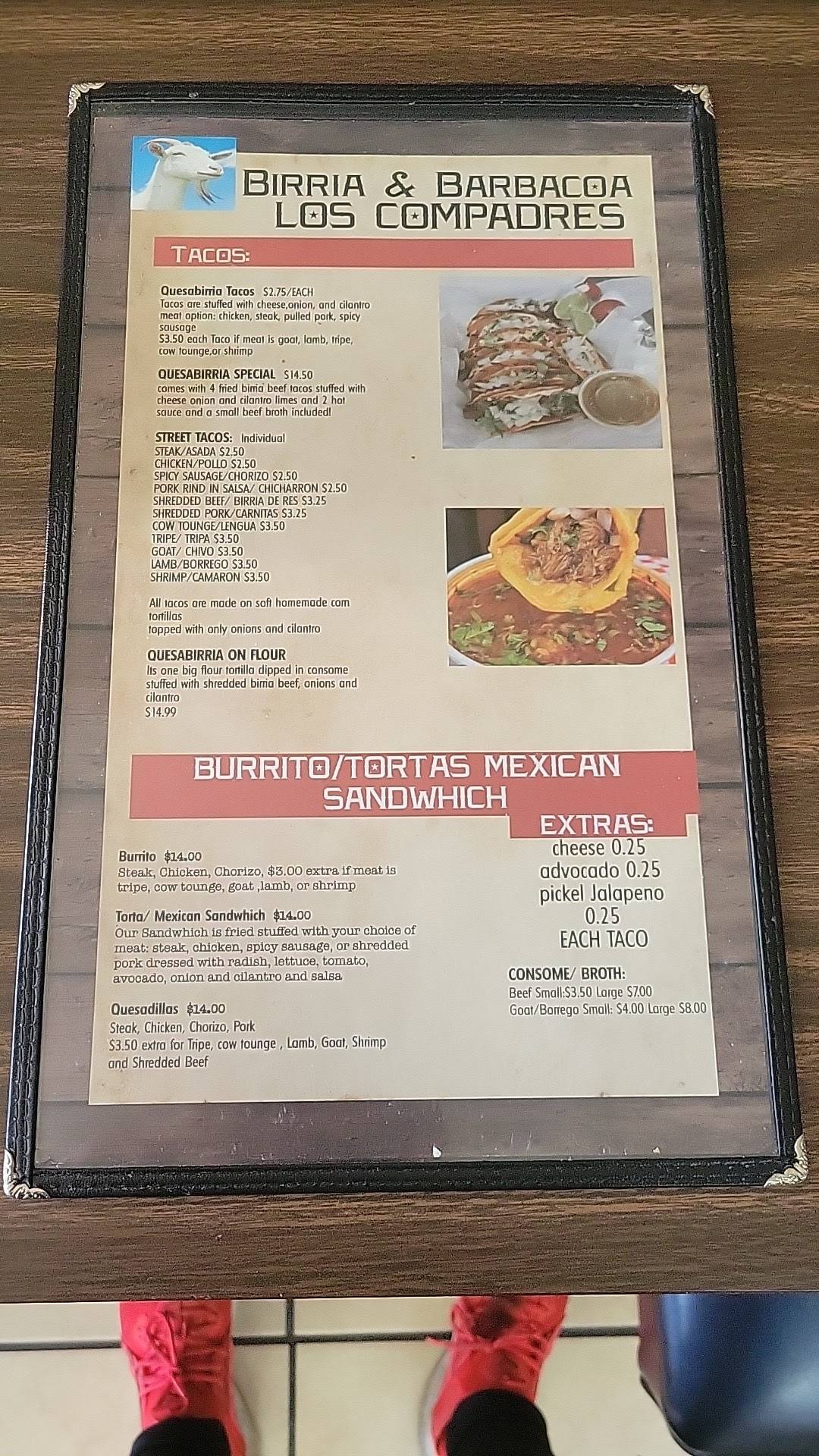 Menu at Birria & Barbacoa de Chivo Los Compadre's Taco Truck, Baton Rouge