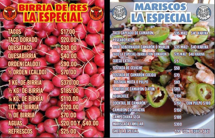 Menu at Birria & Mariscos La Especial restaurant, San Juan Cuautlancingo