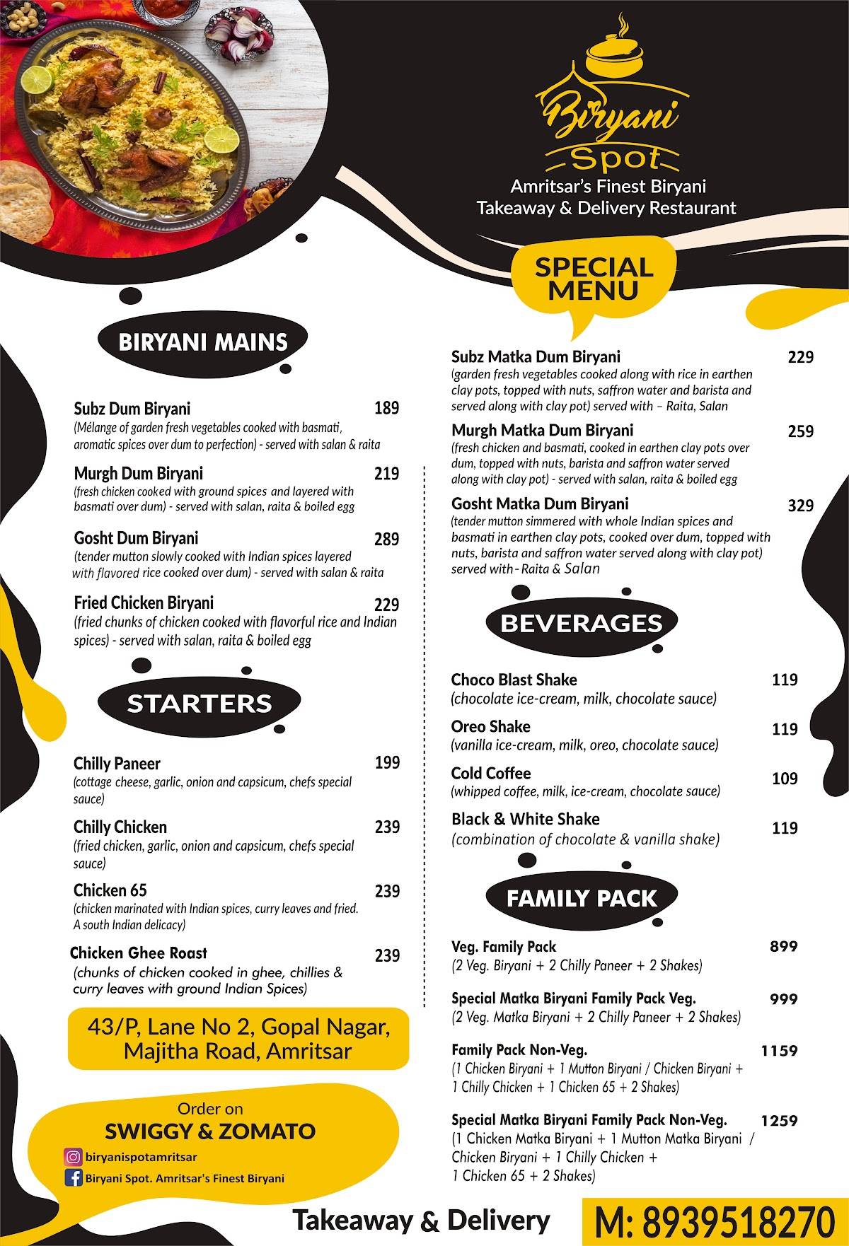 Menu at Biryani Spot. Amritsar's finest biryani, Amritsar