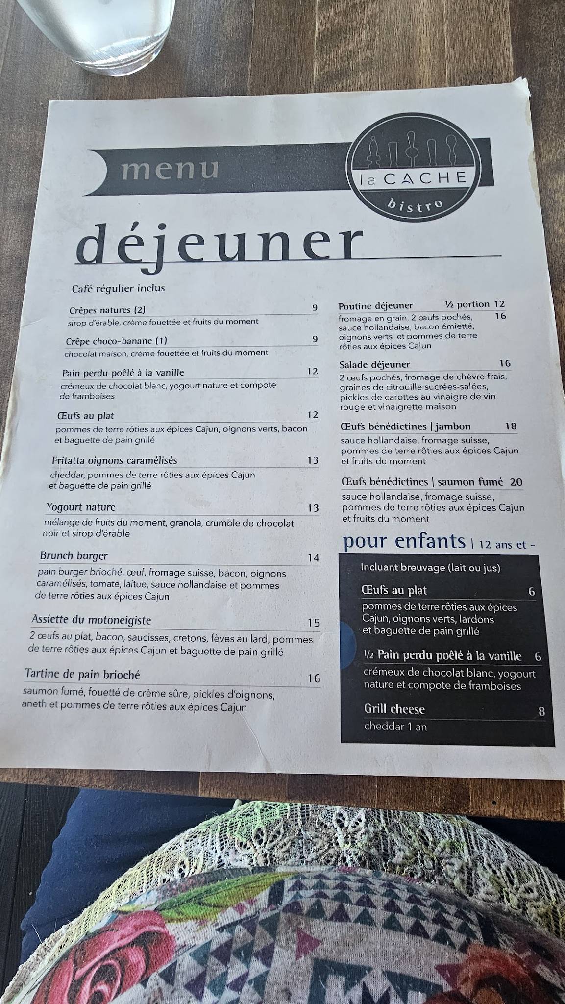 Menu au Bistro La Cache, Saint-Gabriel