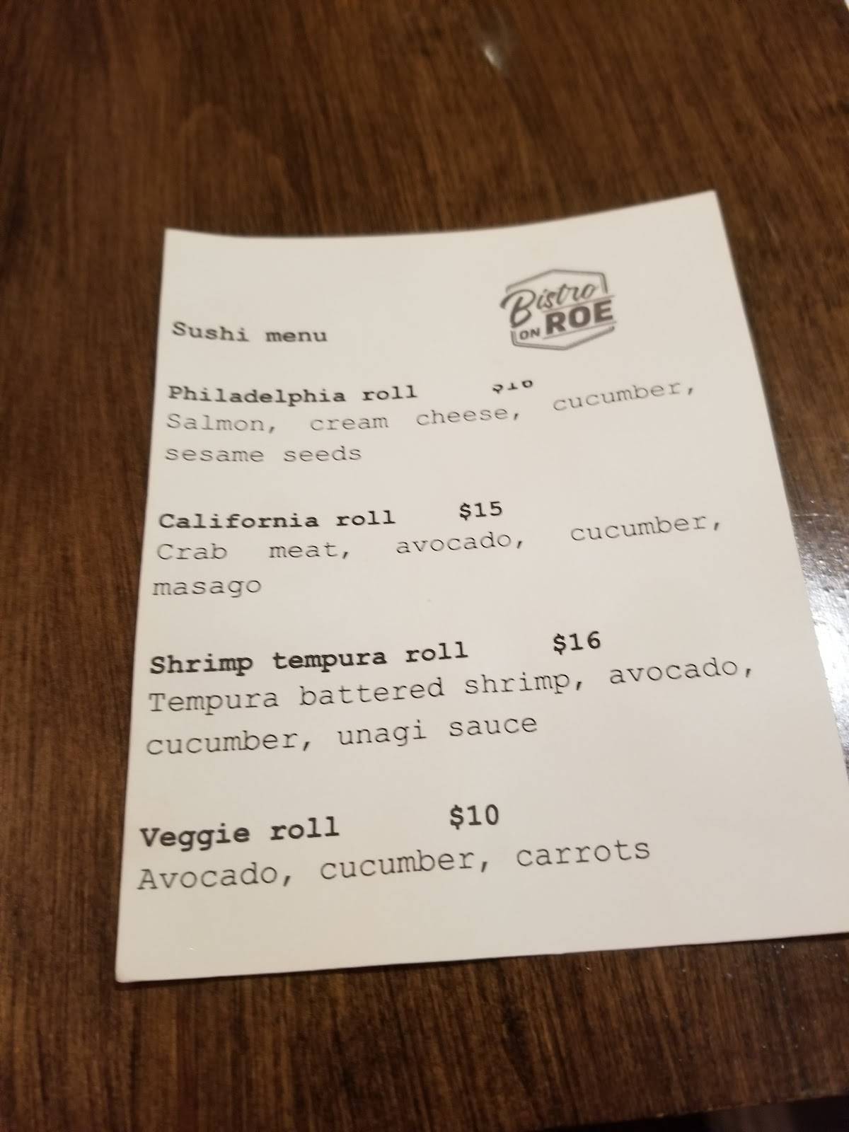 Menu at Bistro On Roe restaurant, Gander