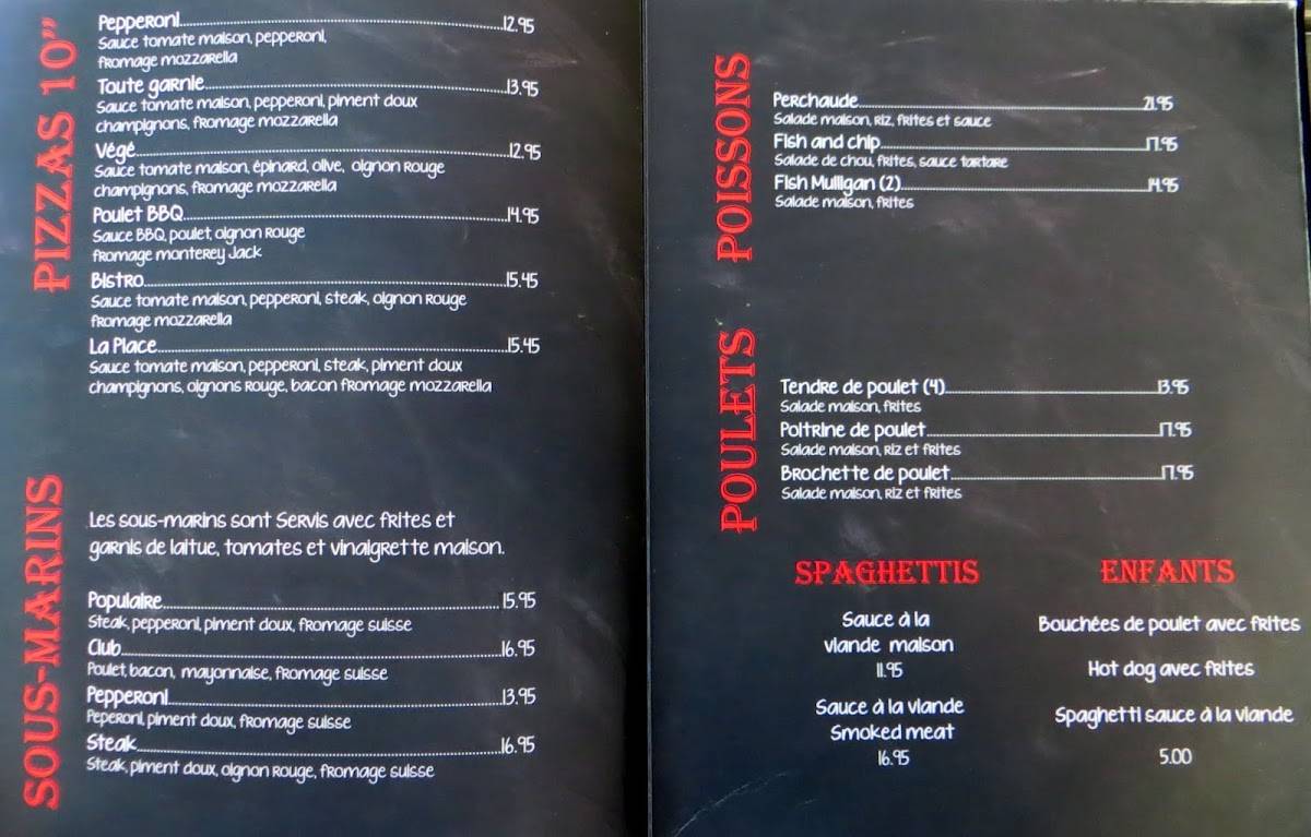 Carta del restaurante Bistro - Resto La Place, Saint-Zotique