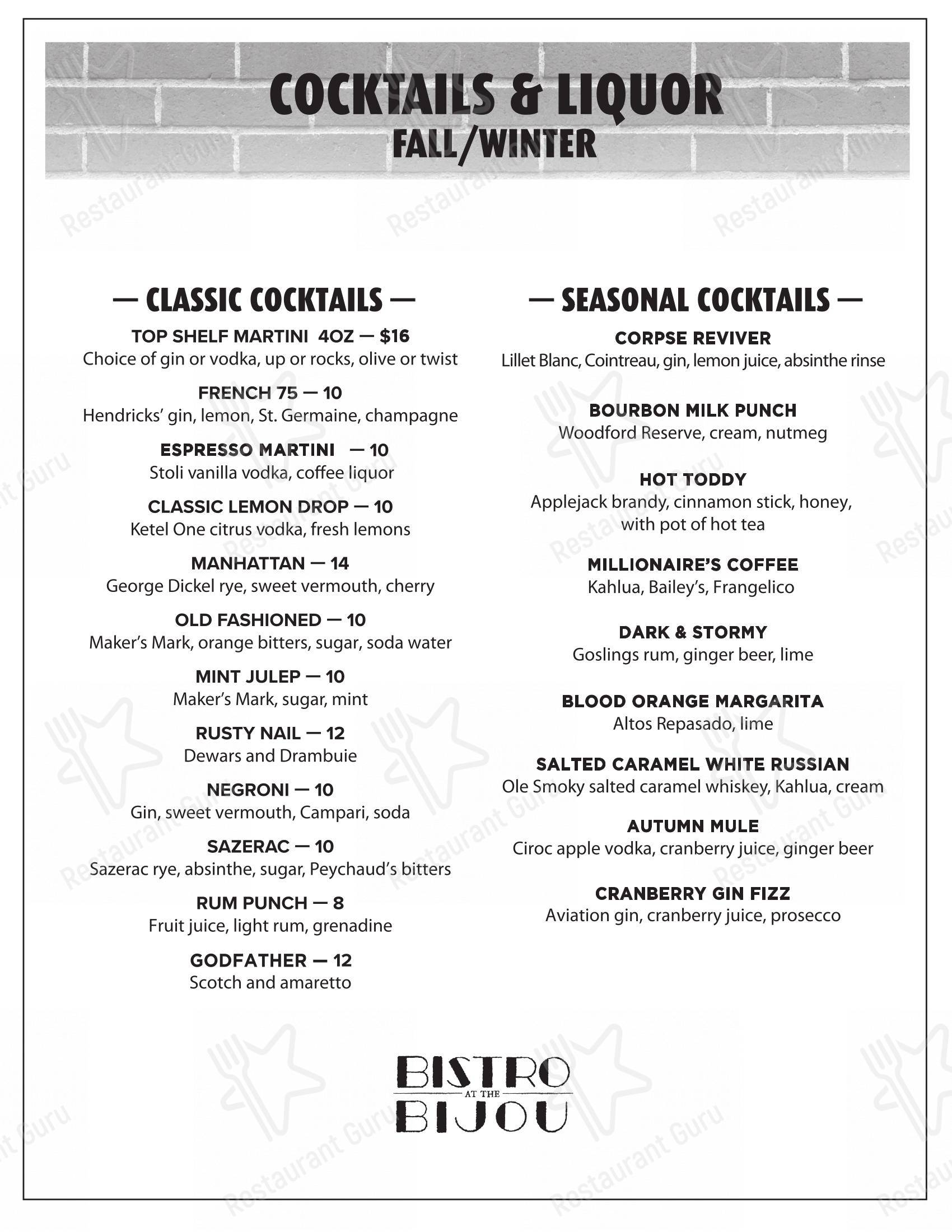Menu at Bistro at the Bijou pub & bar, Knoxville, 807 S Gay St