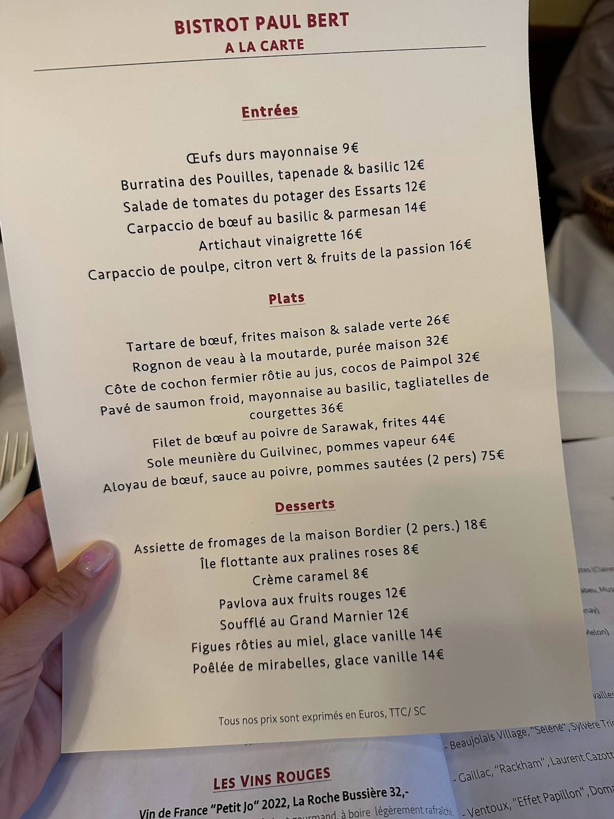 Menu au Bistrot Paul Bert restaurant, Paris