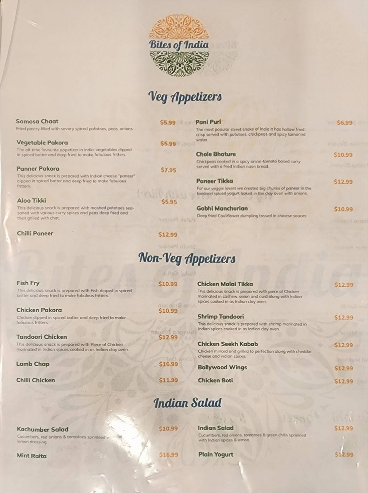 Menu at Bites of India restaurant, Pittsburg