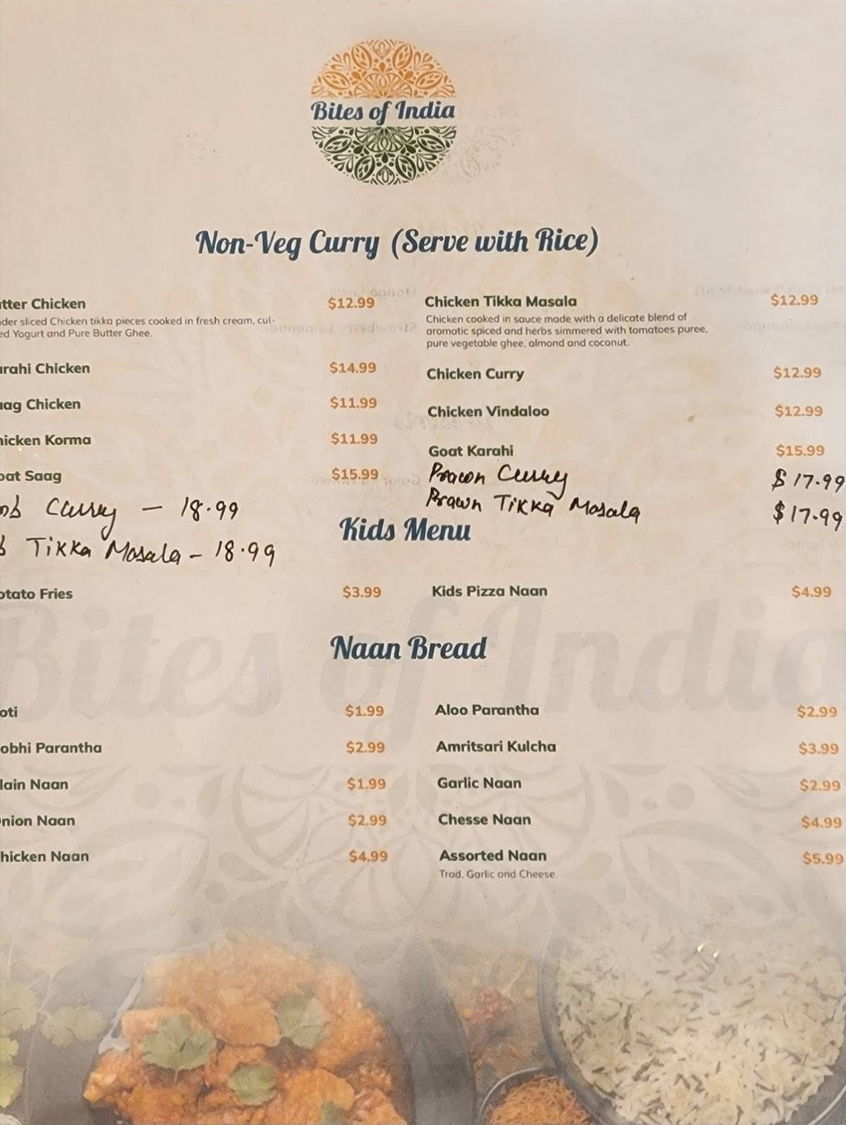 Menu at Bites of India restaurant, Pittsburg