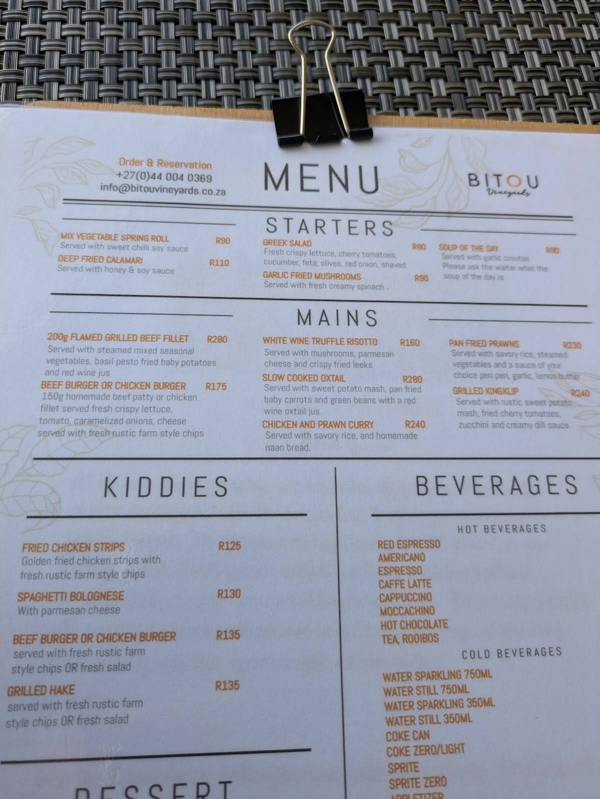 Menu at Bitou Vineyards restaurant, Plettenberg Bay