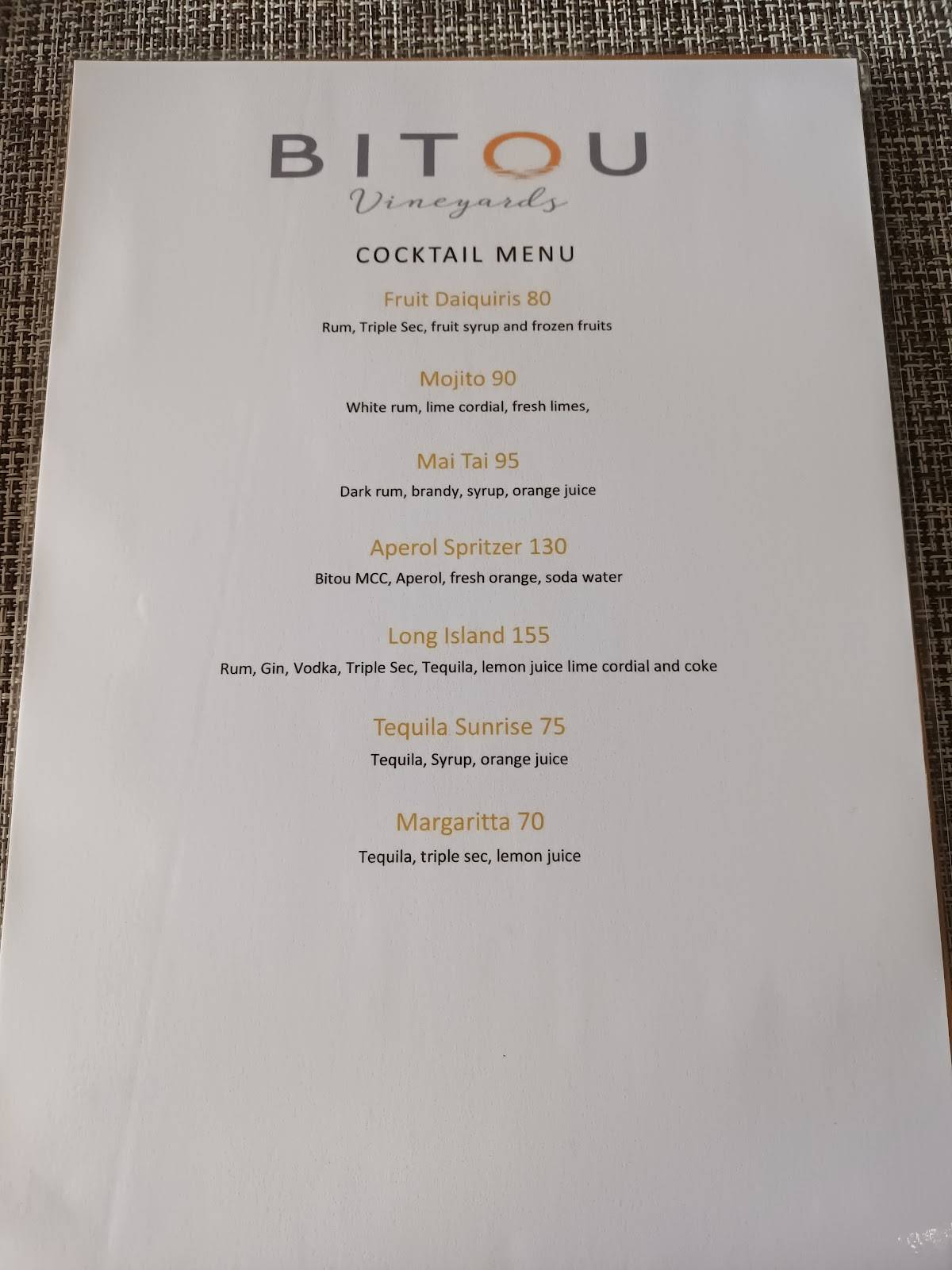Menu at Bitou Vineyards restaurant, Plettenberg Bay