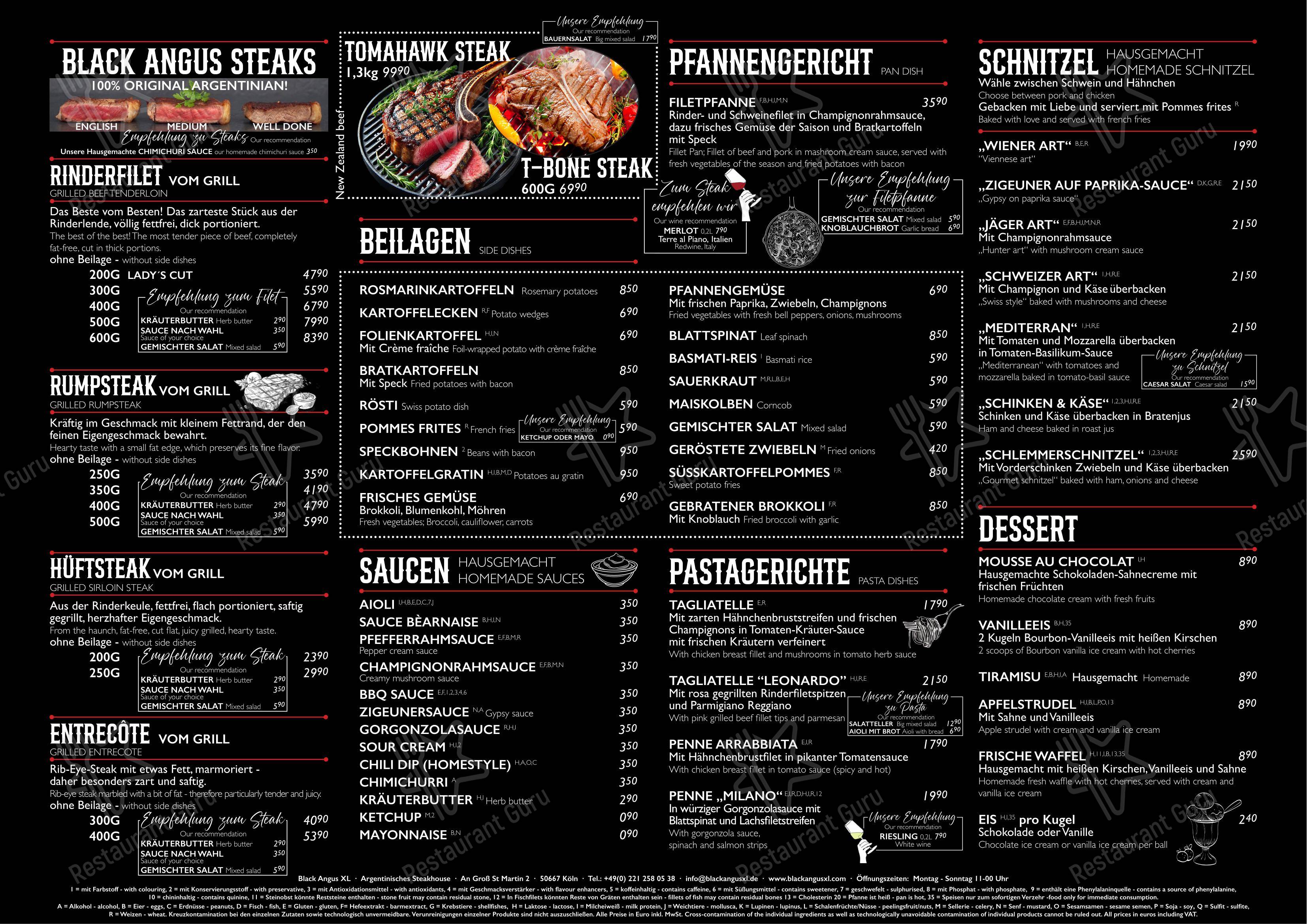 Menu at Black Angus XL steakhouse, Cologne
