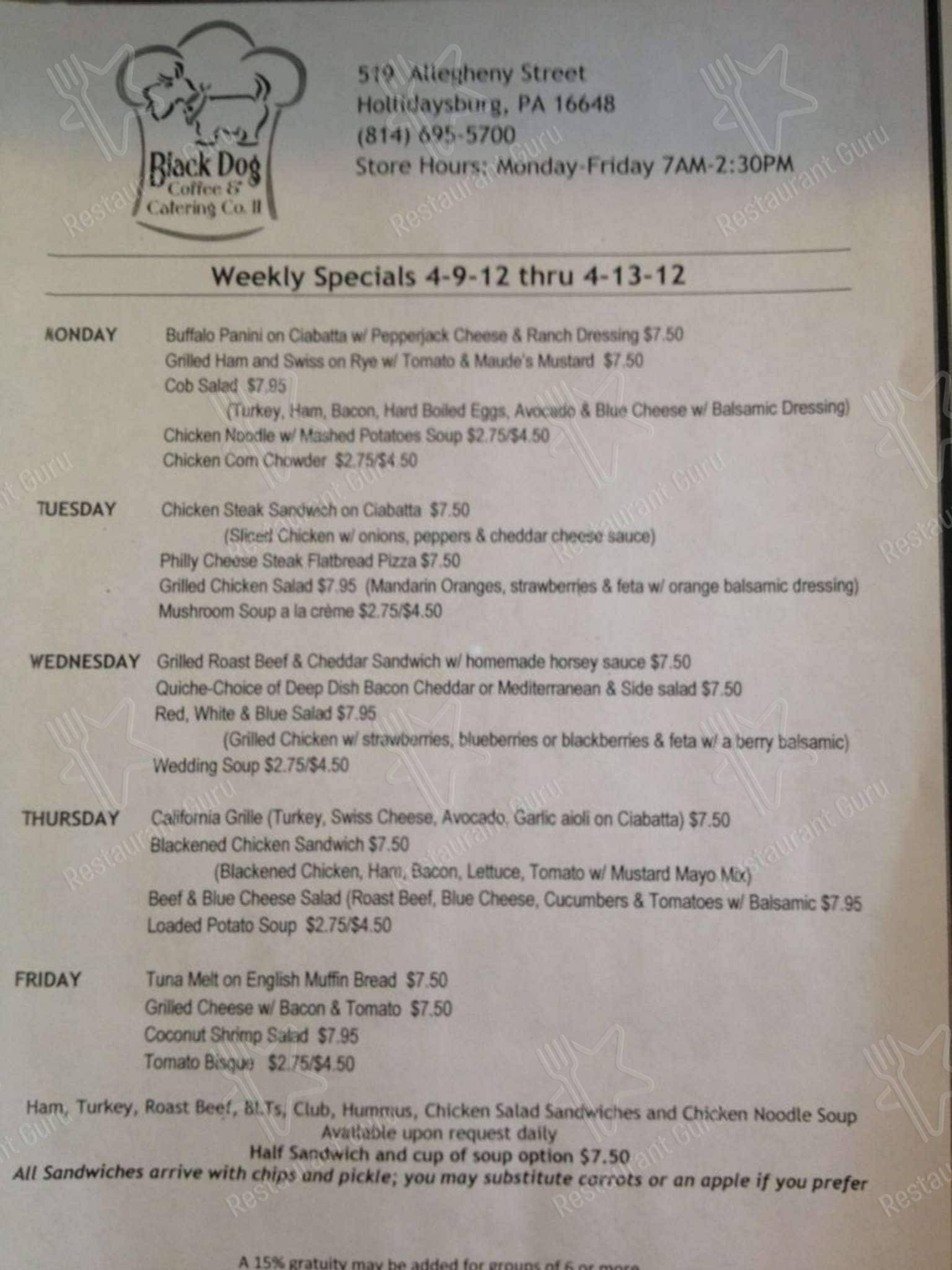Menu at Black Dog Coffee & Catering restaurant, Hollidaysburg