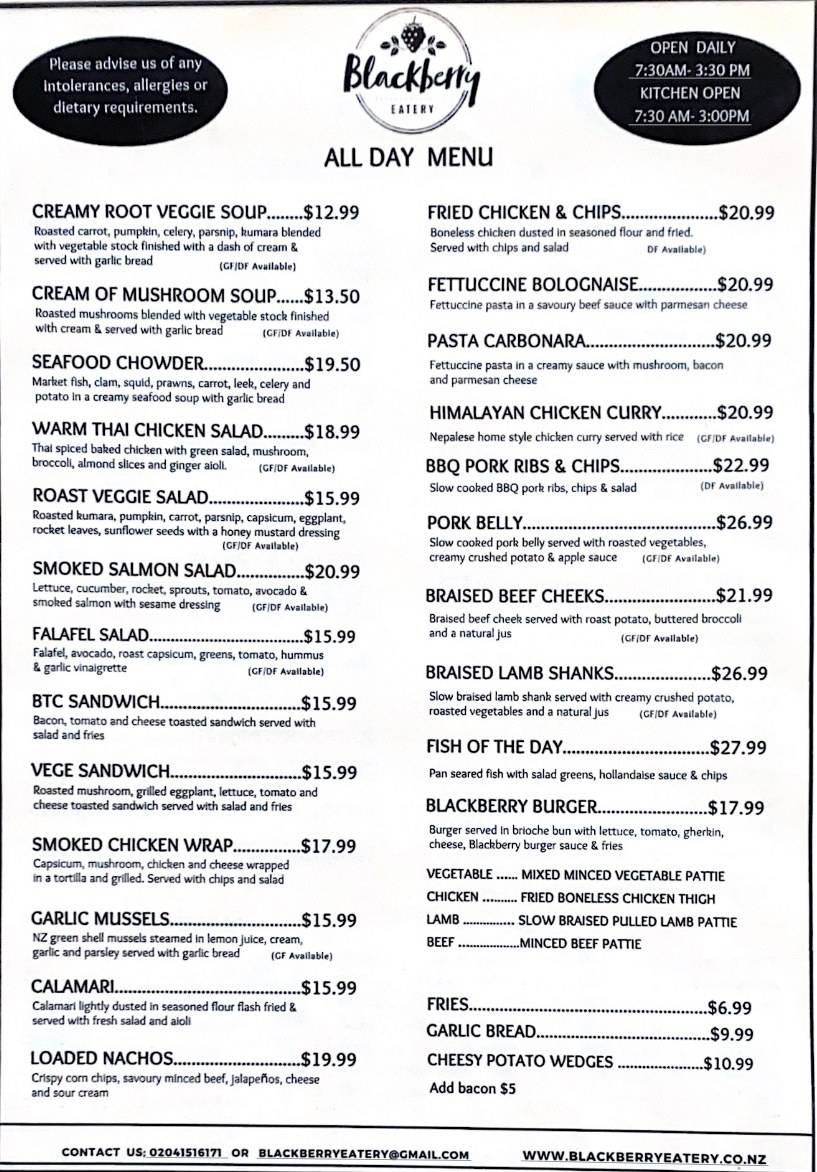 Menu at Blackberry eatery (breakfast lunch dinner) cafe, Papamoa