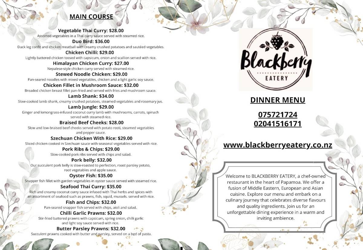 Menu at Blackberry eatery (breakfast lunch dinner) cafe, Papamoa