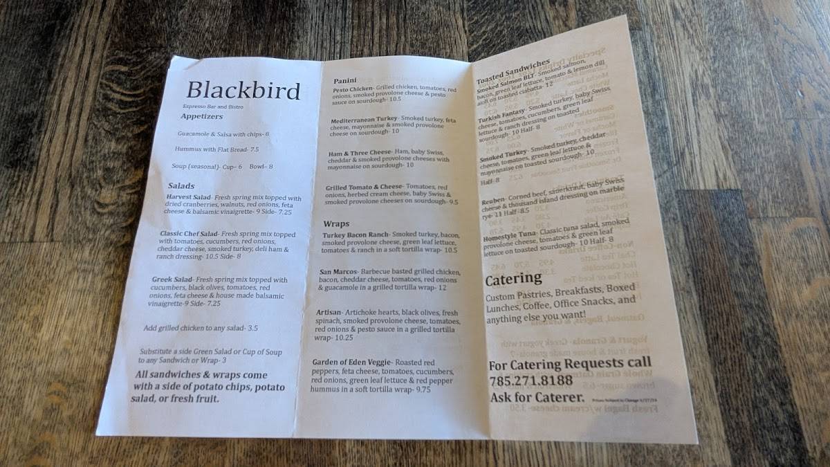 Menu at Blackbird Espresso Bar and Bistro, Topeka