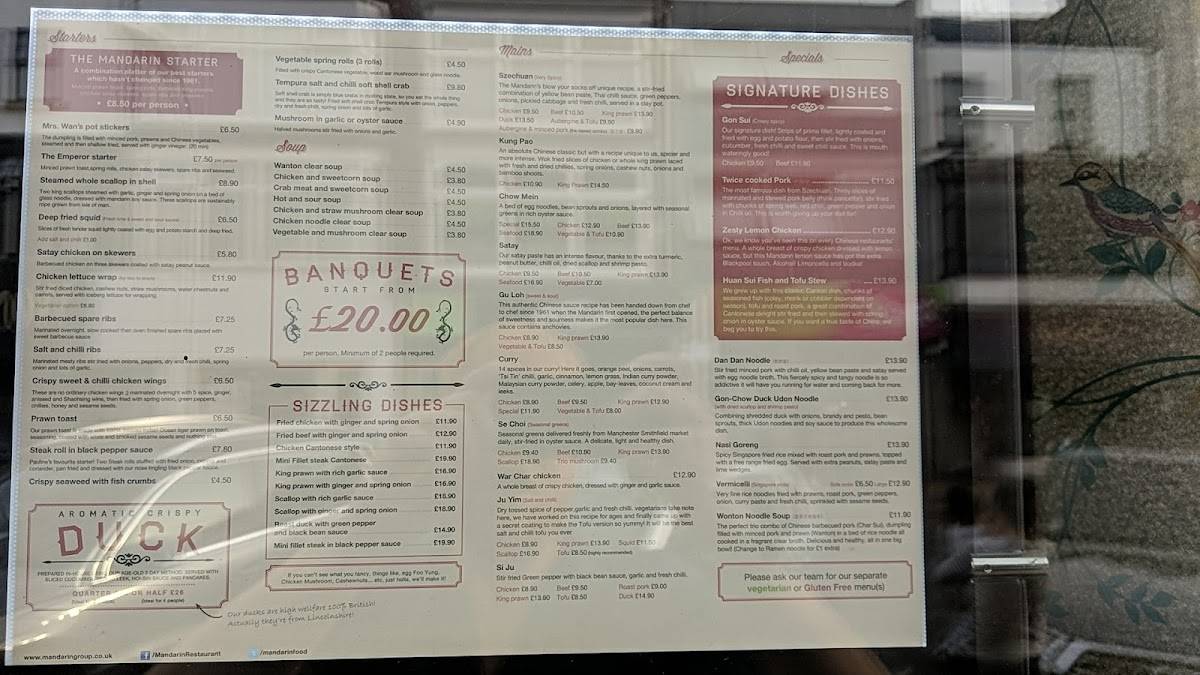 Carta del restaurante Michael Wan's Mandarin, Blackpool