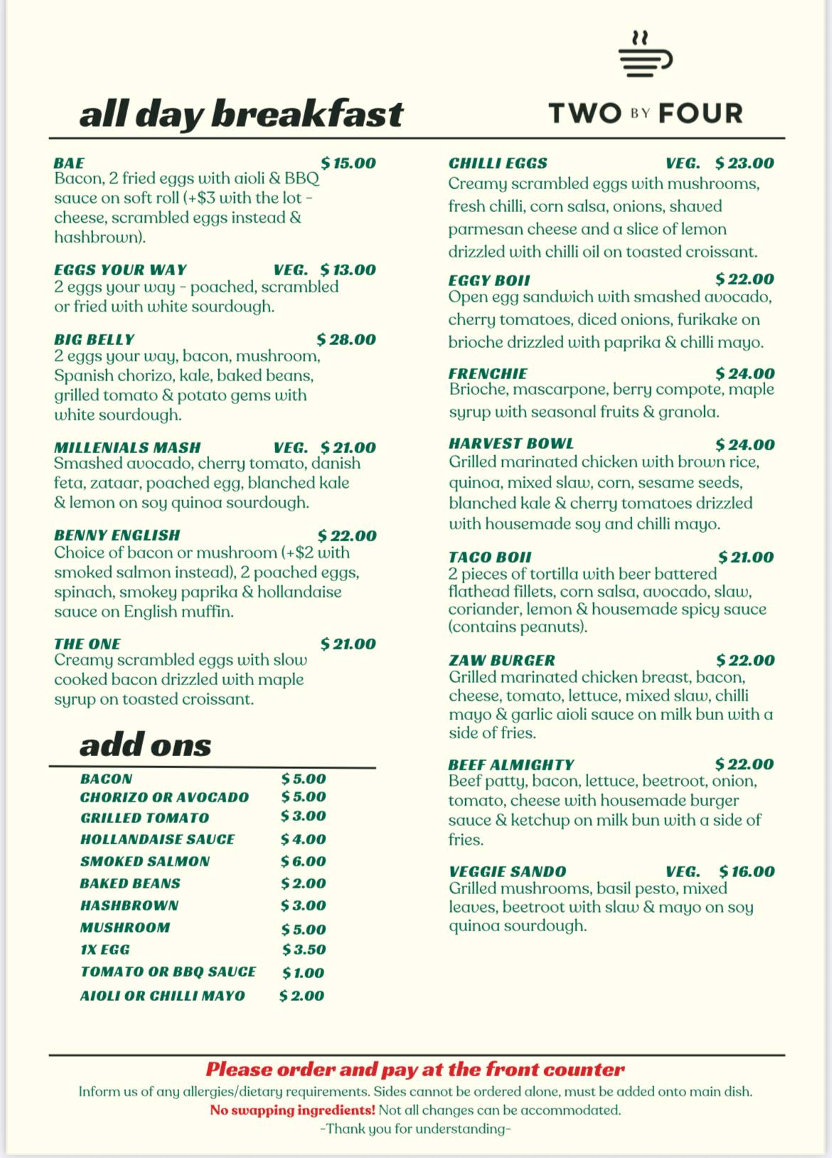 Carta de Two By Four Cafe, Blacktown