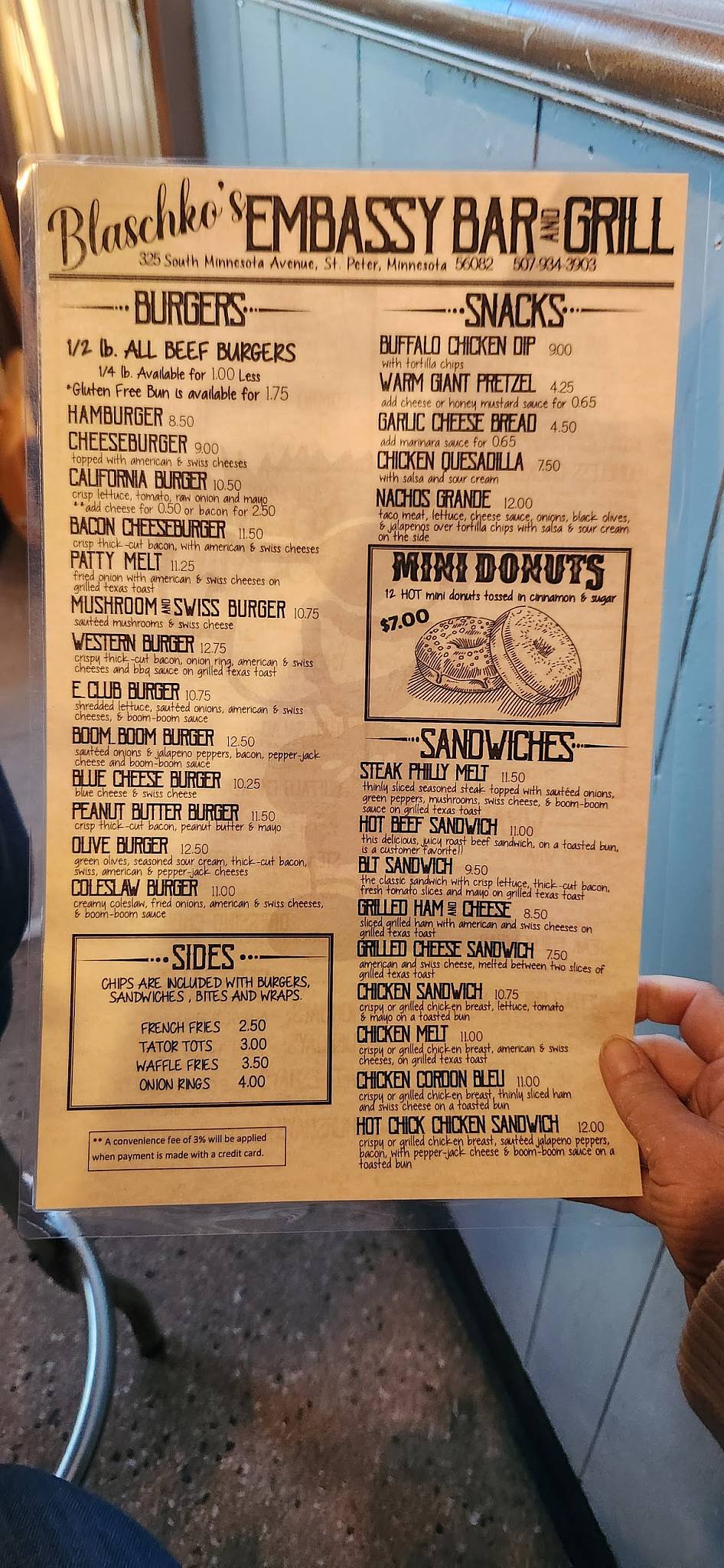 Menu at Blaschko's Embassy Bar, Saint Peter