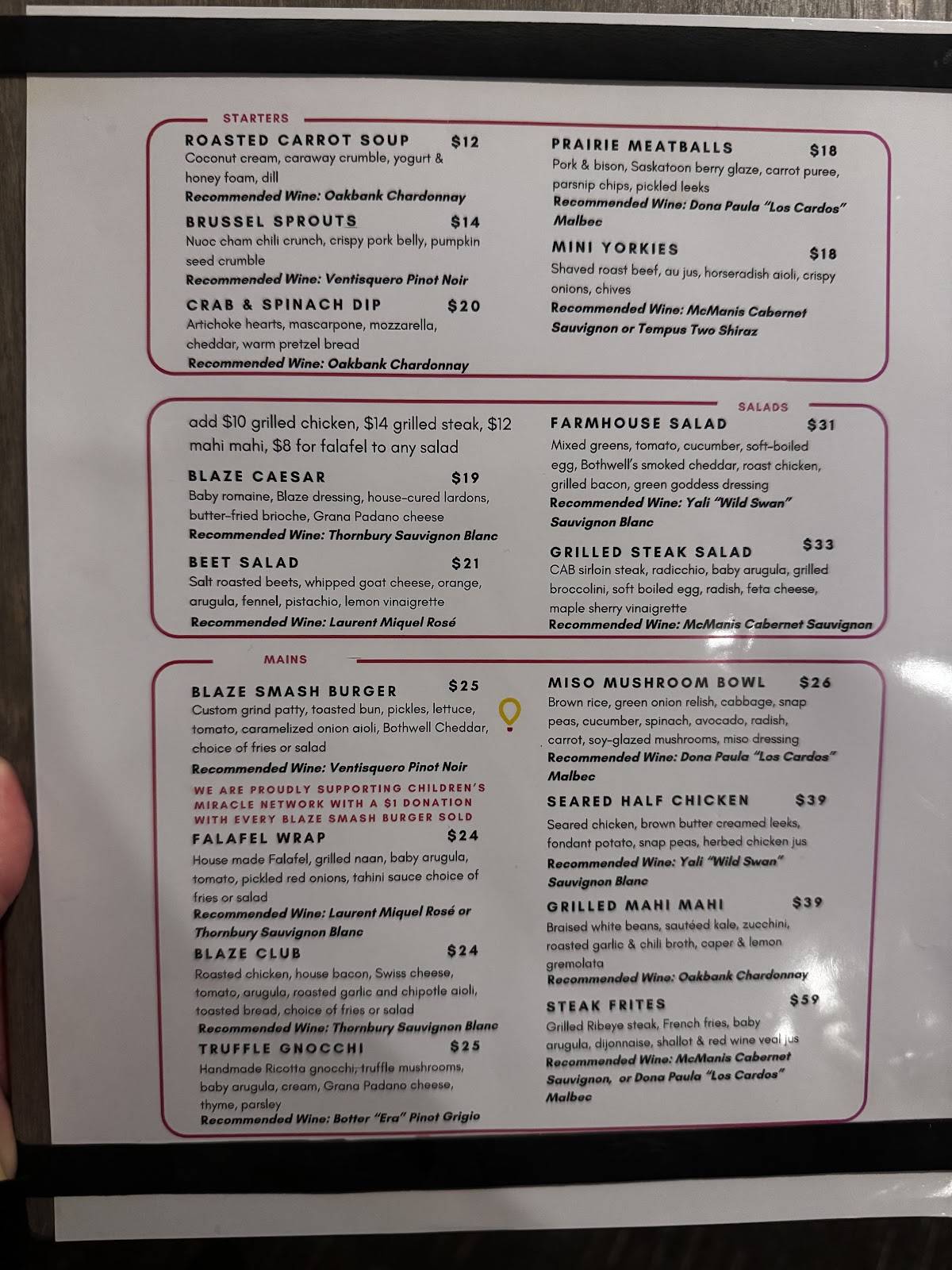 Menu at Blaze Bistro and Lounge steakhouse, Winnipeg