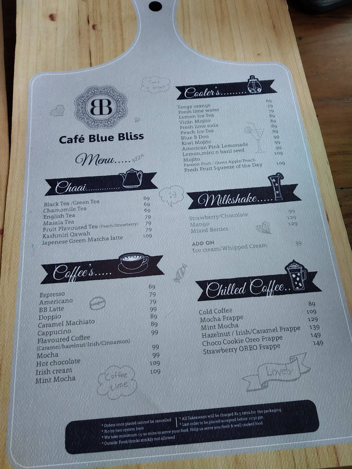 Menu at Blue Bliss Cafe, Mumbai