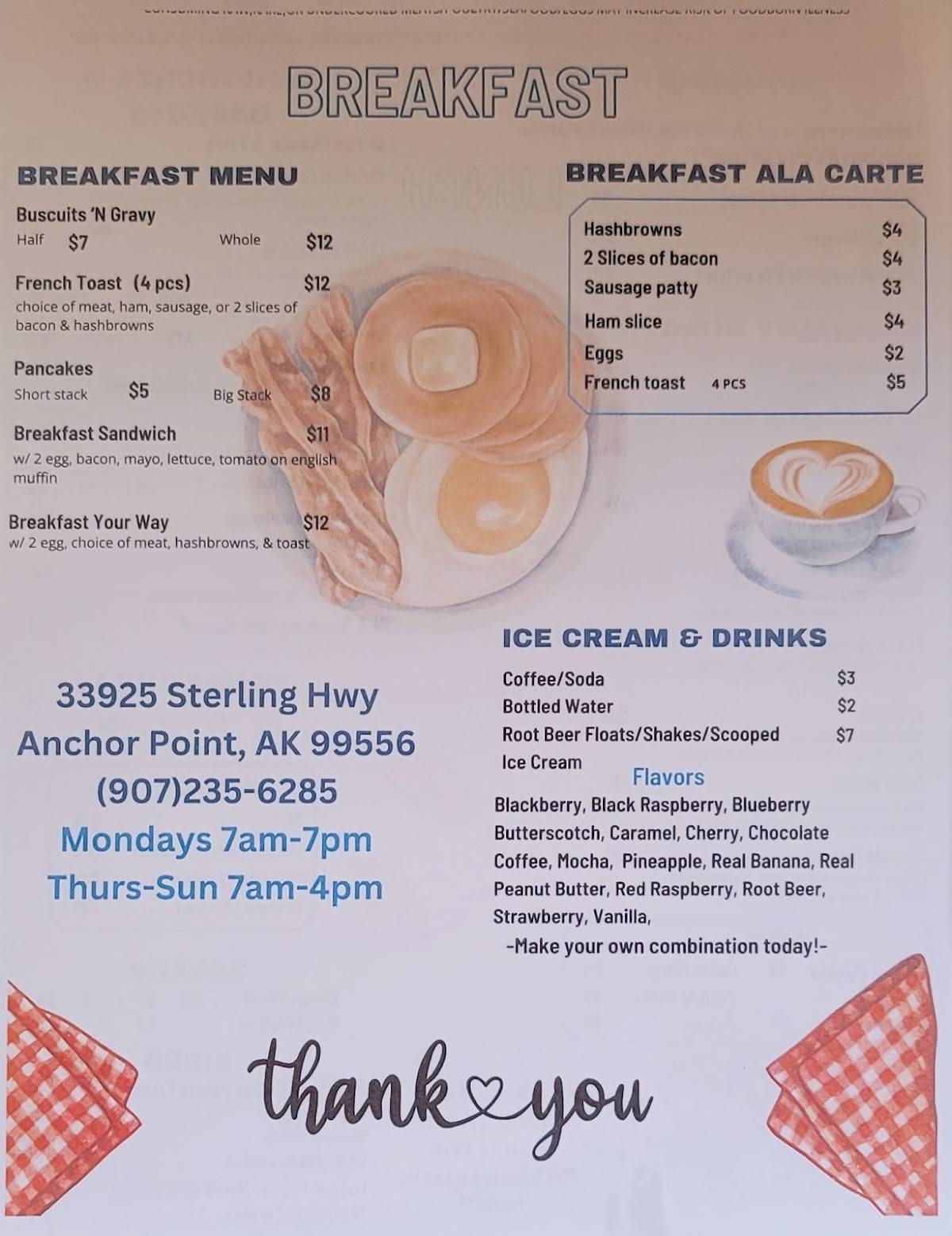Menu at Blue Bus Diner restaurant, Anchor Point, Sterling Hwy