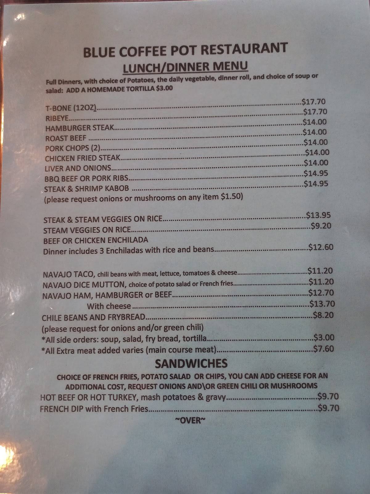 Menu at Blue Coffee Pot Restaurant, Kayenta