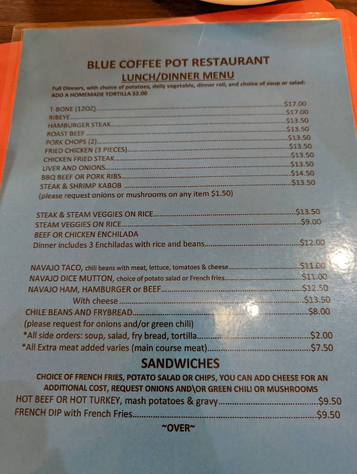 Menu at Blue Coffee Pot Restaurant, Kayenta