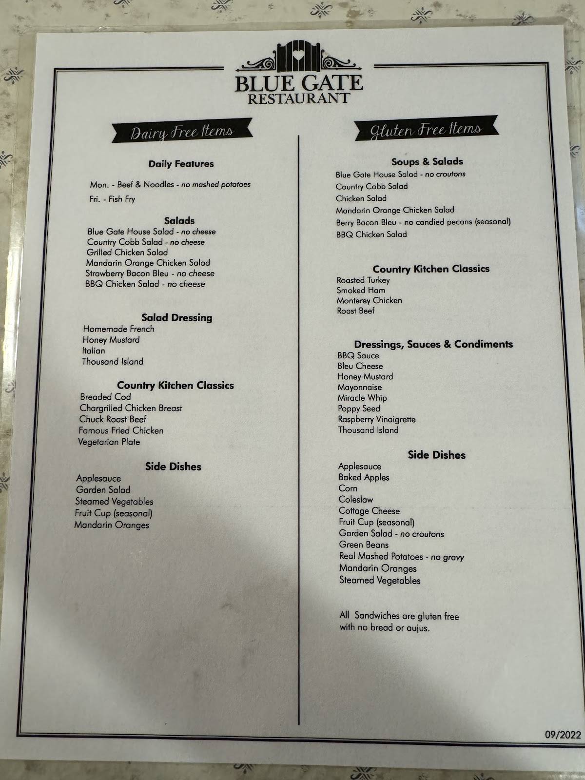 Menu at Blue Gate Restaurant & Bakery, Shipshewana
