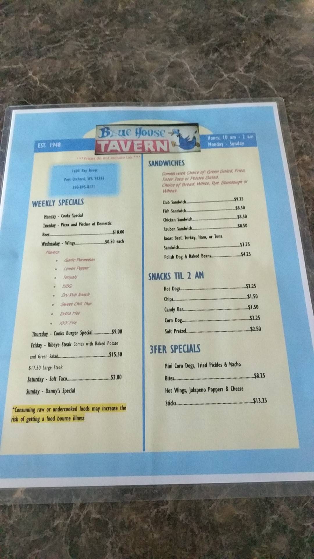 Menu at Blue Goose Tavern pub & bar, Port Orchard, Bay St