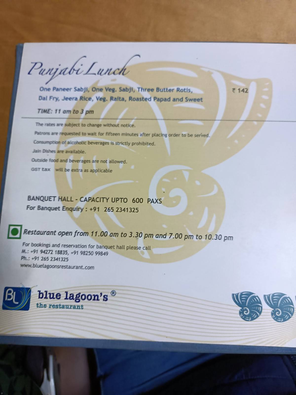 Menu at Blue Lagoon's Restaurant, Vadodara, 75M7+7VJ