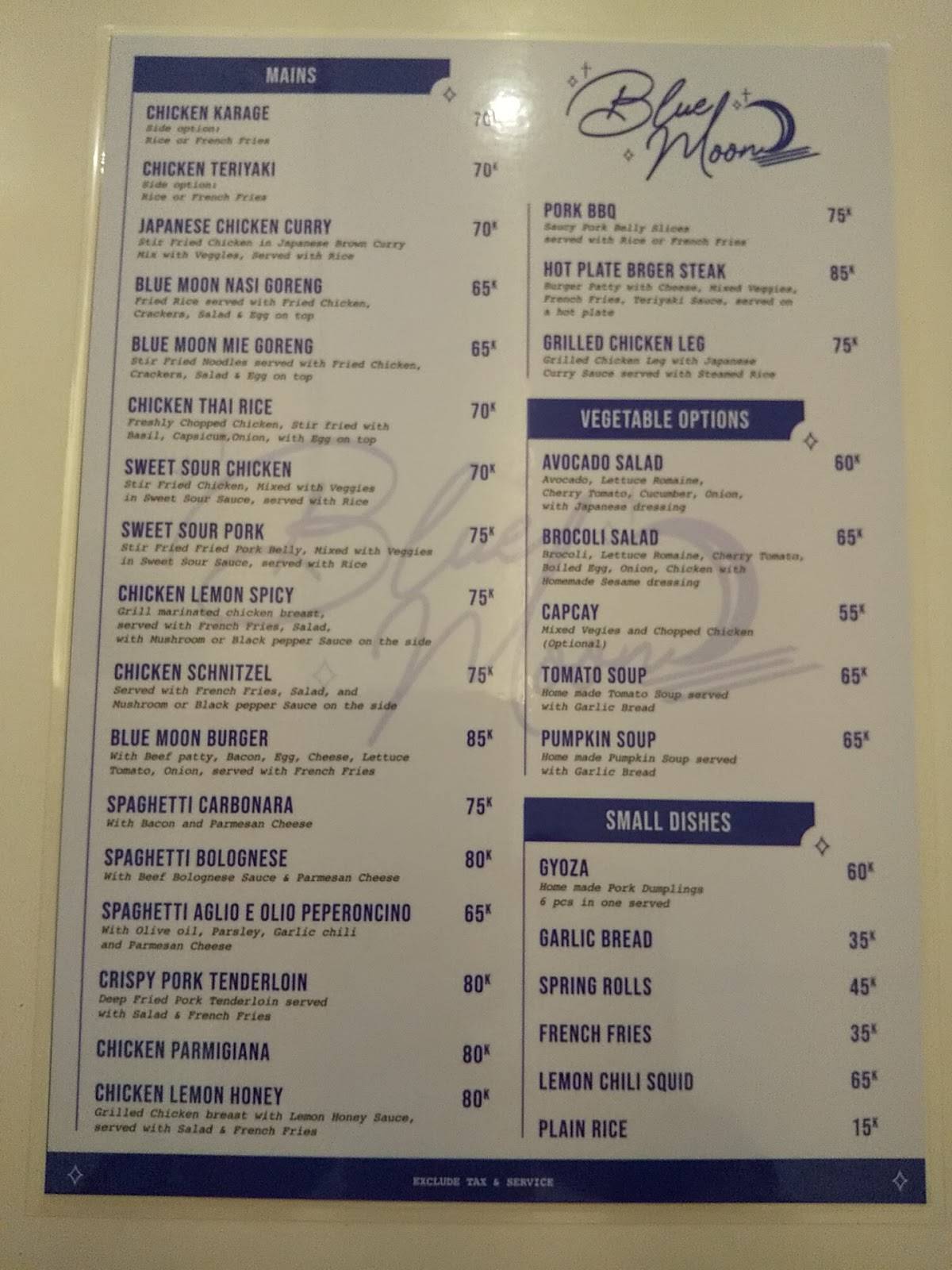 Menu at Blue Moon Bali restaurant, Mengwi
