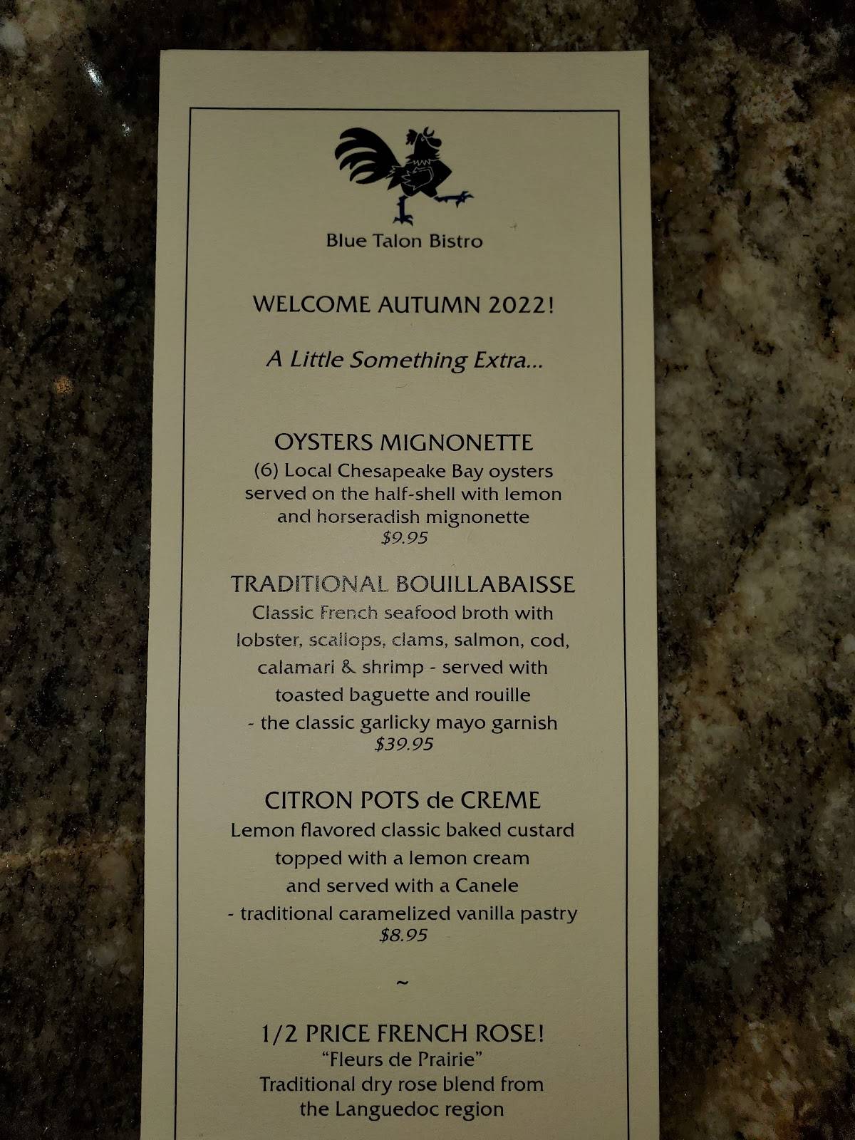 Menu at Blue Talon Bistro pub & bar, Williamsburg