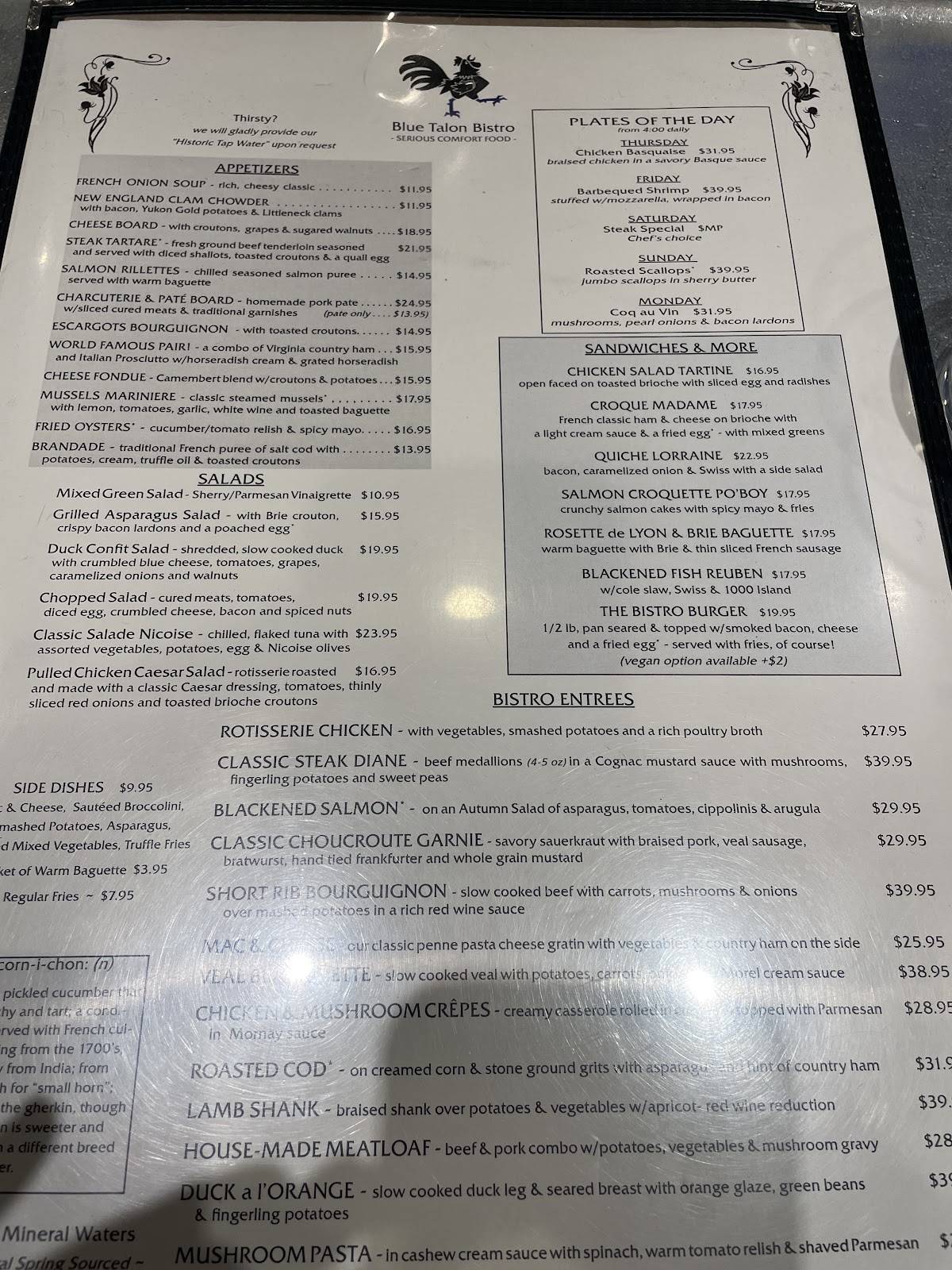 Menu at Blue Talon Bistro pub & bar, Williamsburg