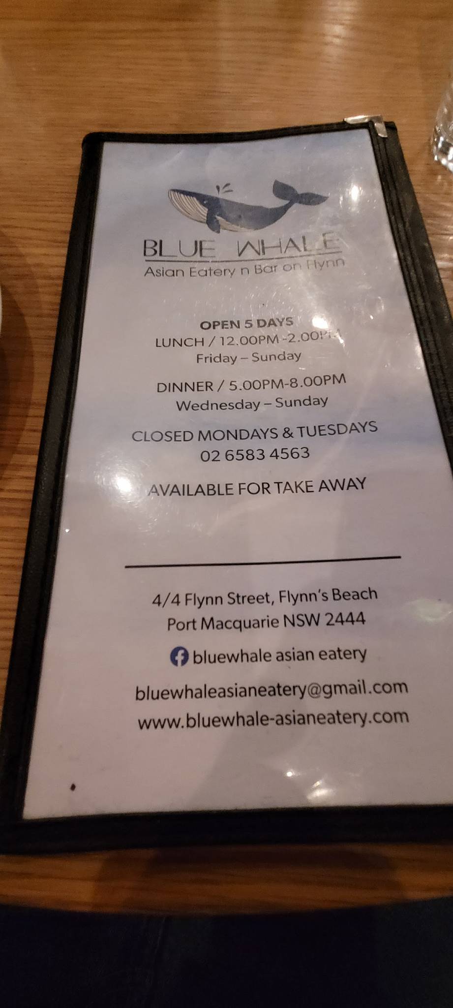 Menu at Blue Whale Asian Eatery restaurant, Port Macquarie