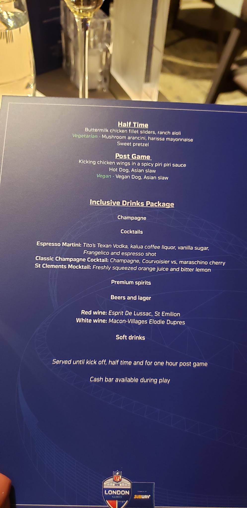 Menu at Bobby Moore Room restaurant, Wembley