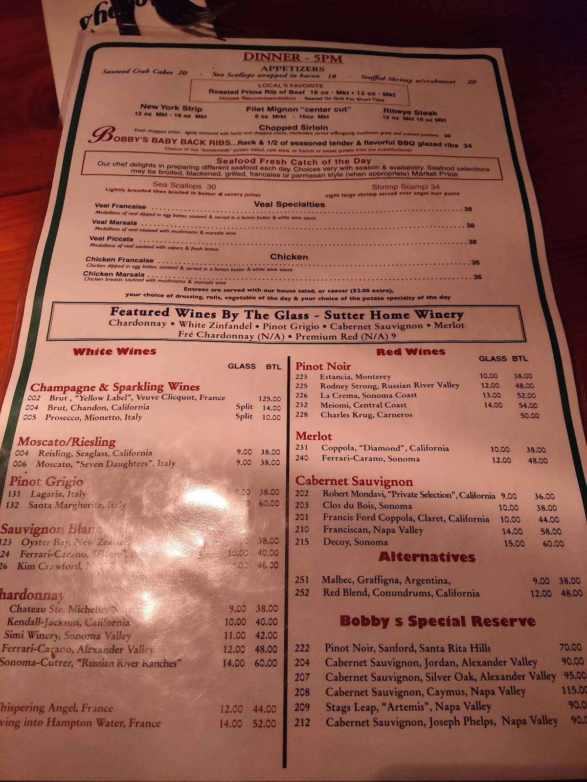 Menu at Bobby's Restaurant & Lounge, Vero Beach