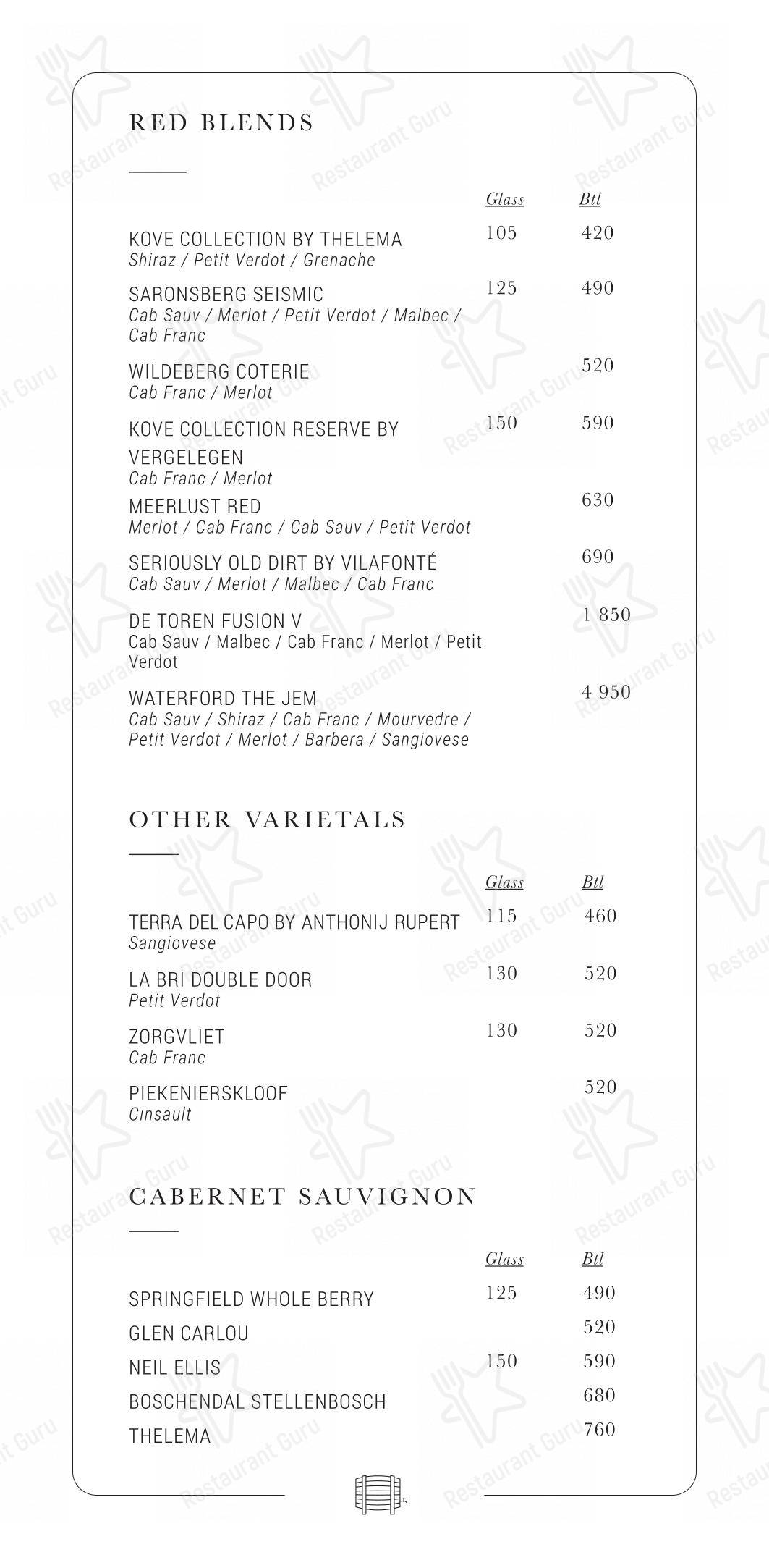 Menu at Bobo's by Kove Collection restaurant, Cape Town