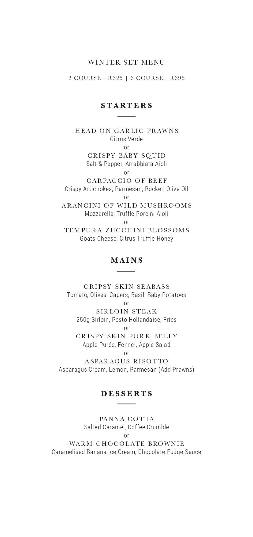 Menu at Bobo's restaurant, Cape Town