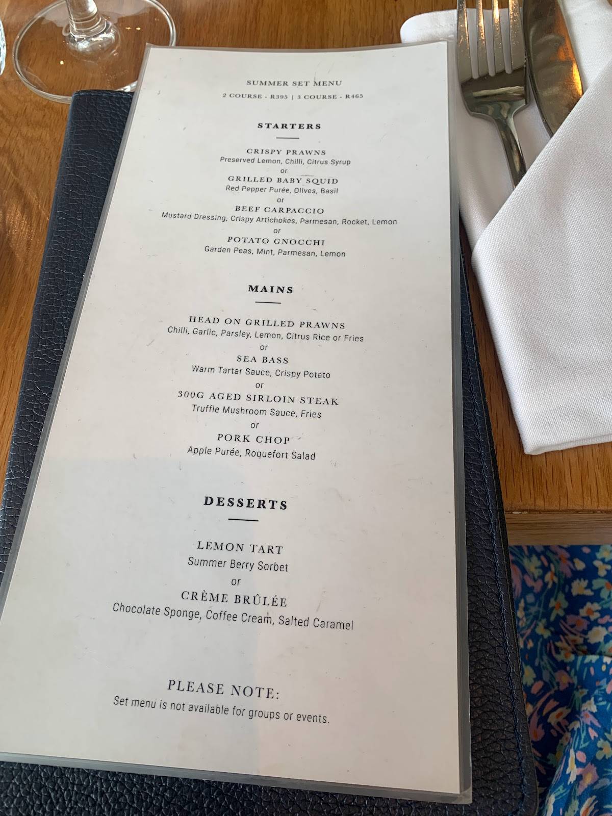 Menu at Bobo's restaurant, Cape Town