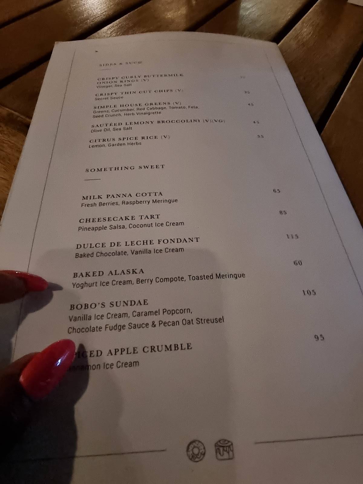 Menu at Bobo's restaurant, Cape Town