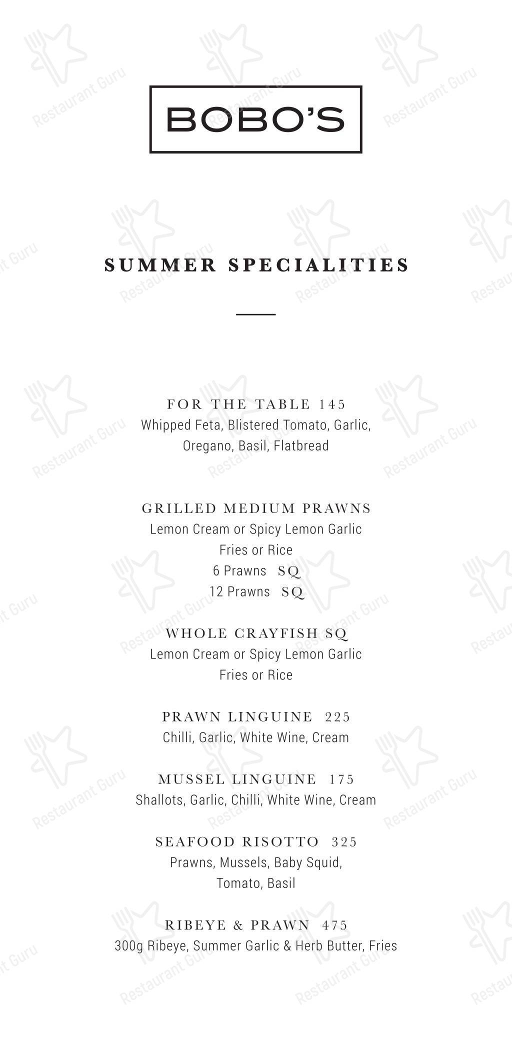 Menu at Bobo's by Kove Collection restaurant, Cape Town