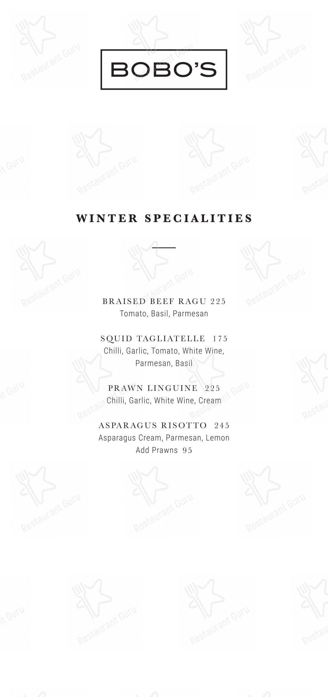 Menu at Bobo's by Kove Collection restaurant, Cape Town
