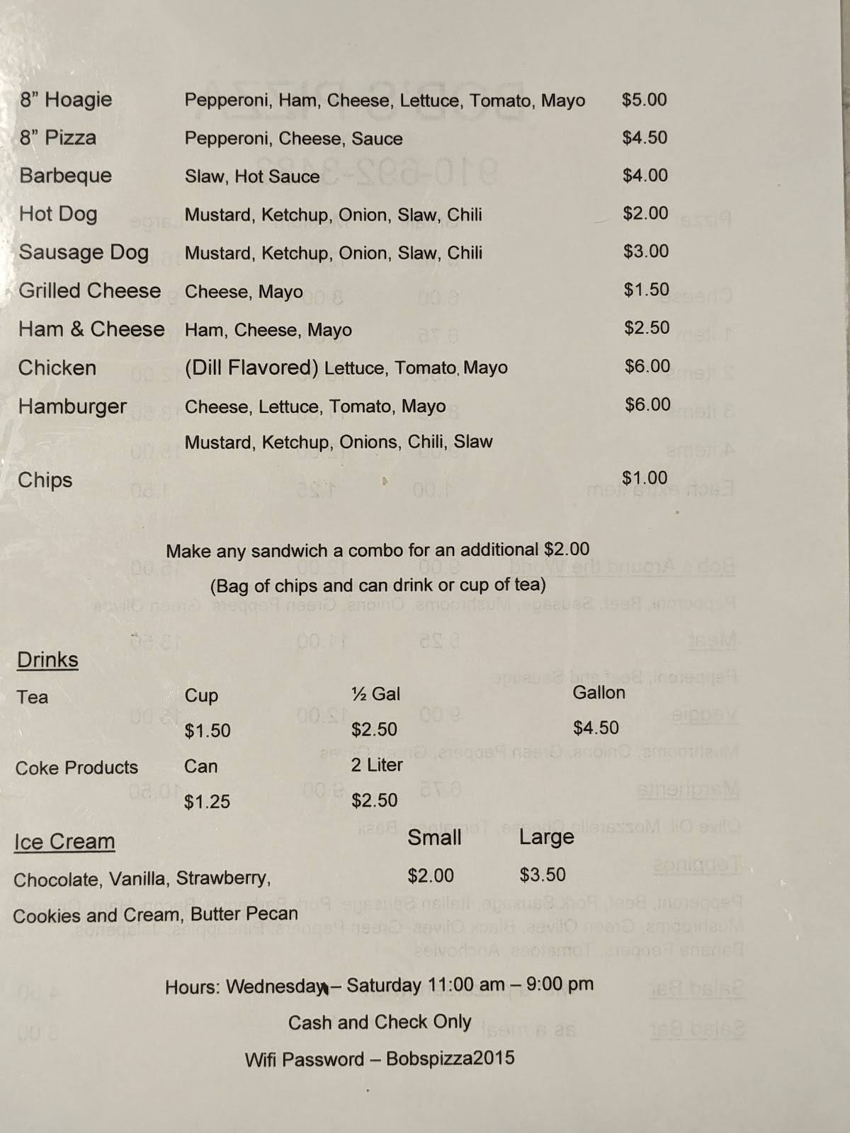 Menu at Bob's Pizza pizzeria, Vass, US-1 BUS